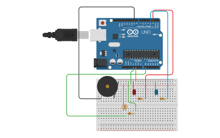 Circuit design Ex buzzer Ambulancia com Sensor de Luminosidade | Tinkercad
