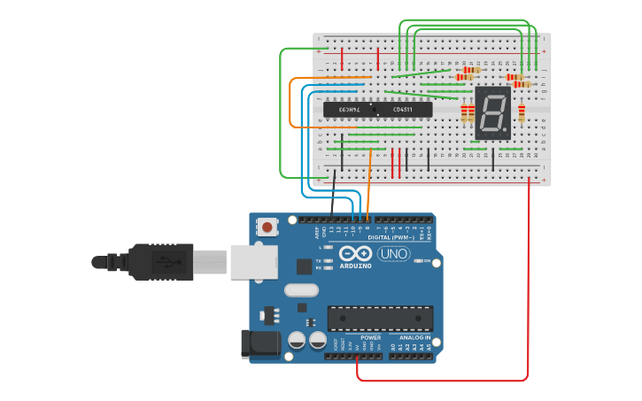 Circuit design Счетчик и дешифратор 7 сегментного индикатора - Tinkercad