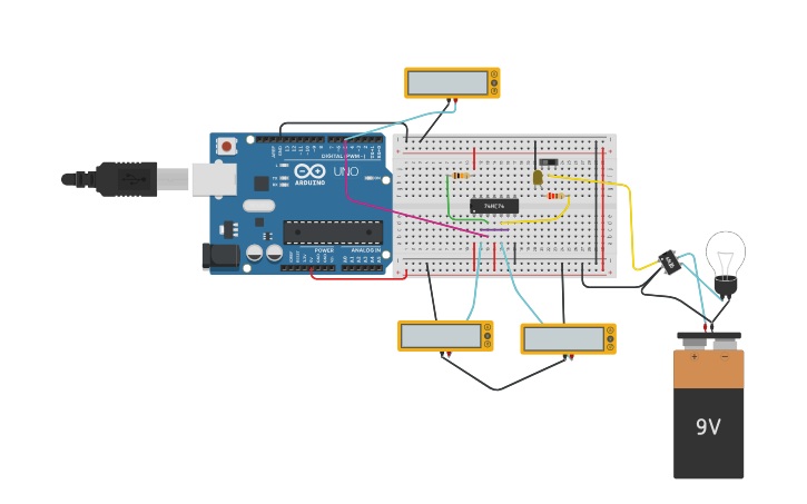 Circuit design Arduino y Soft Latch (ON-OFF) con 74HC74 - Tinkercad
