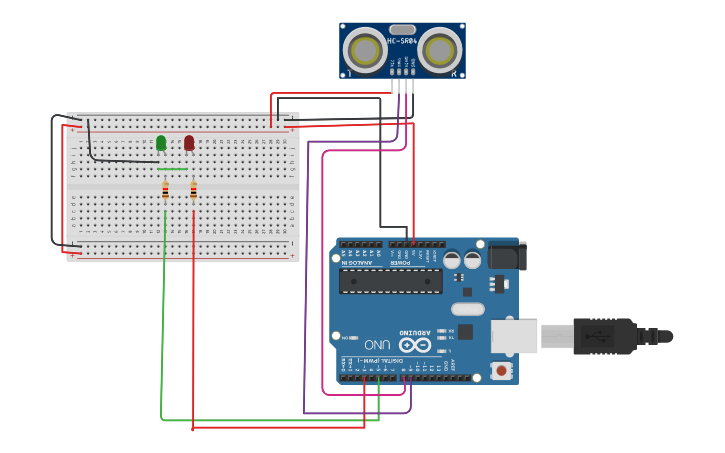 Circuit design Sensor Ultrasonic and LED_Putri Pramuditya_5CE | Tinkercad Circuit design Sensor Ultrasonic and LED_Putri Pramuditya_5CE | Tinkercad