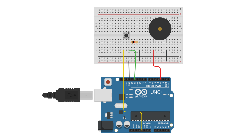 Circuit design Push button e buzzer - Tinkercad