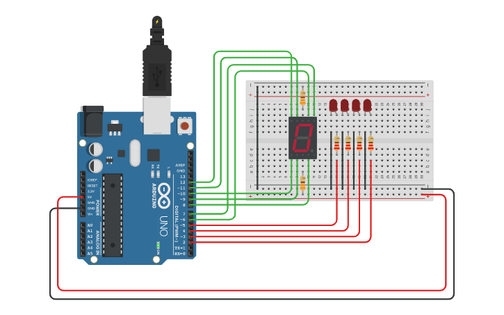 Circuit design ข้อ 4 LED กับ 7 Segment | Tinkercad