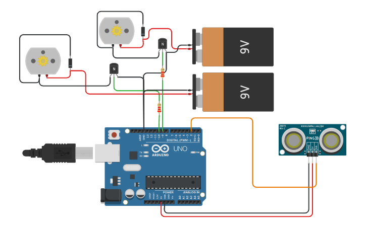 Circuit design 2 DC motor + Ultrasonic - Tinkercad