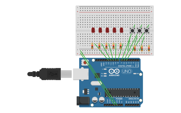 Circuit design 5 Leds y 3 Push buttons - Tinkercad