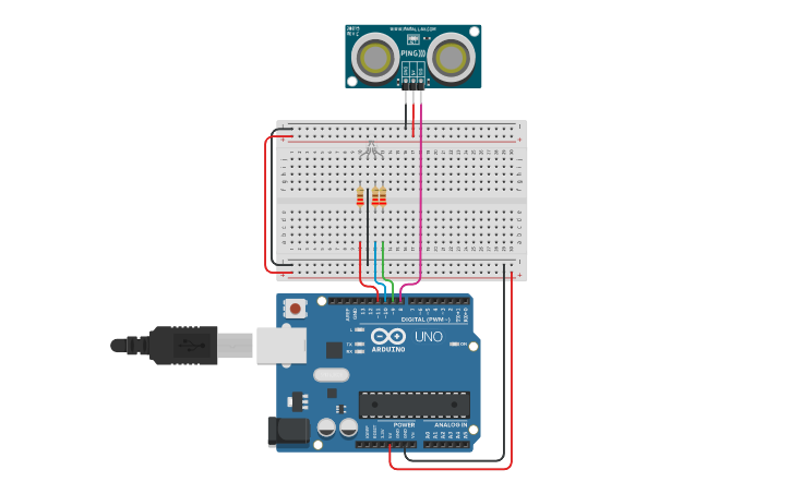 Circuit design Ultrasonic Sensor and RGB LED - Tinkercad