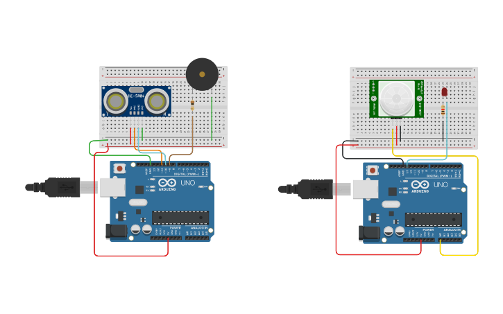 Circuit design Tugas Praktikum Sensor Jarak dan PIR - Tinkercad