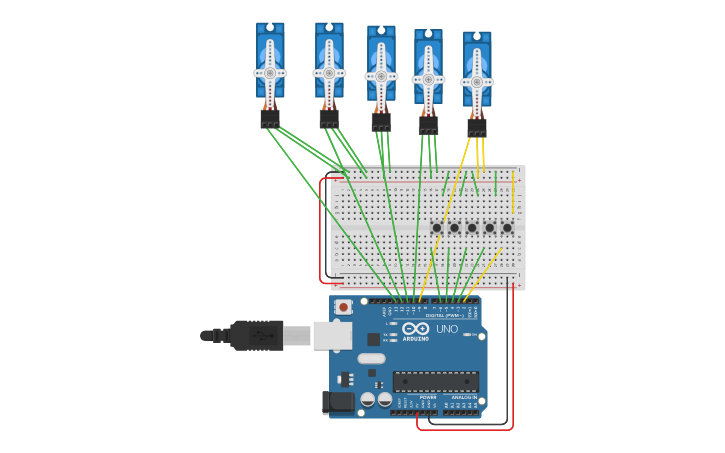 Circuit design 5 motores con pulsadores - Tinkercad