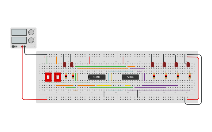 Circuit design Decodificador 2x4 - Tinkercad