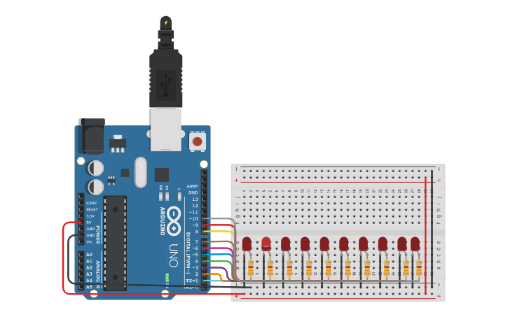 Circuit design Funcionamiento del Arduino (bucle for) - Tinkercad
