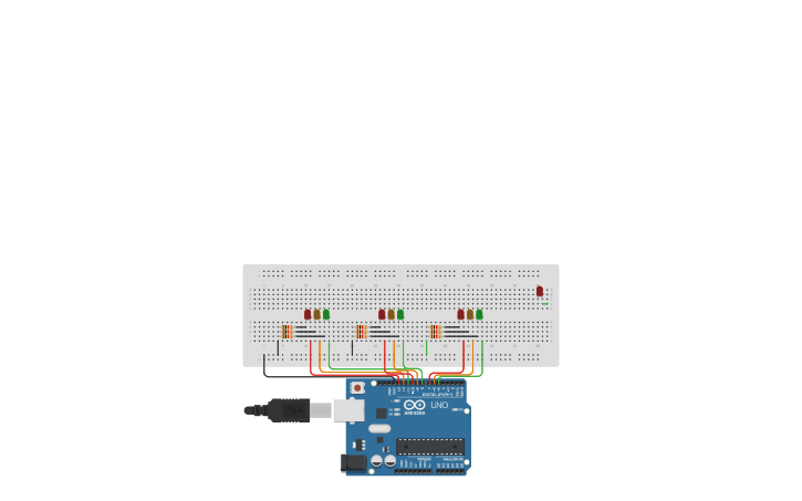 Circuit design 3-Way Traffic Lights (breadboard) - Tinkercad