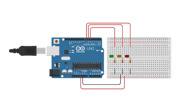 Circuit design Arduino semaforo con 3 LED | Tinkercad