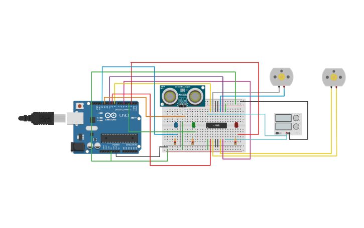 Circuit design AP-6_3 Pin ultrasonic LED and motor interface | Tinkercad