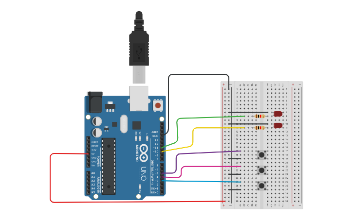Circuit design push button( 3 inputs / 2 outputs) - Tinkercad Circuit design push button( 3 inputs / 2 outputs) - Tinkercad