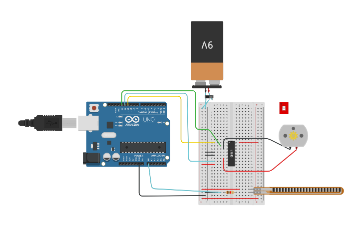 Circuit design DC motor control using Flex Sensor - Tinkercad