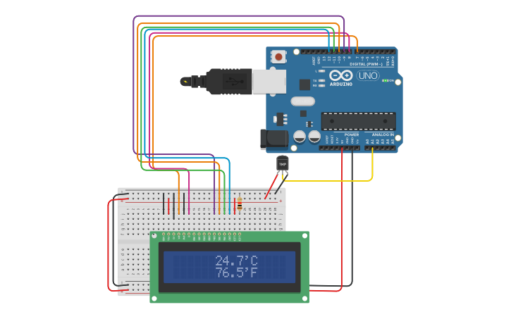 Circuit design LCD display with Temp sensor - Tinkercad