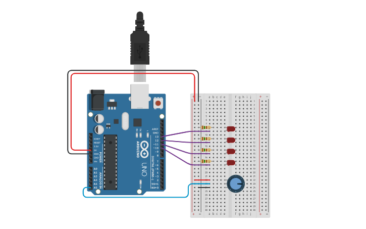 Circuit design Tarefa 06 - LEDs piscando em sequencia | Tinkercad