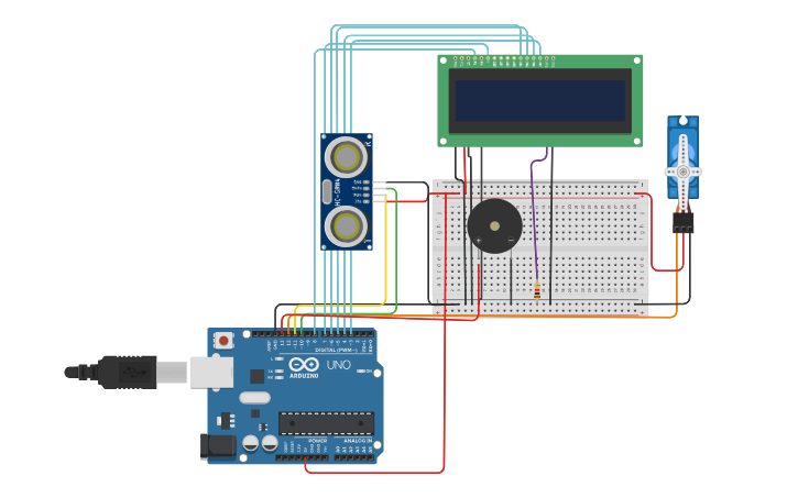 Circuit design Arduino - Sensor de Movimiento, bocina, servomotor y LCD - Tinkercad