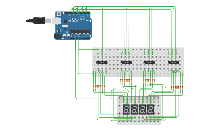 Circuit design USING IC 74HC595 to display 4 digit 7 segment-leds - Tinkercad
