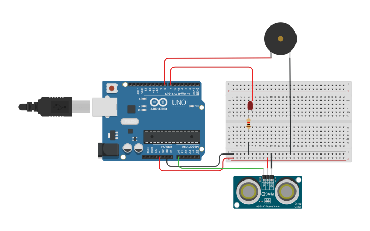 Circuit design H101_01&16超音波感測器+蜂鳴器 | Tinkercad