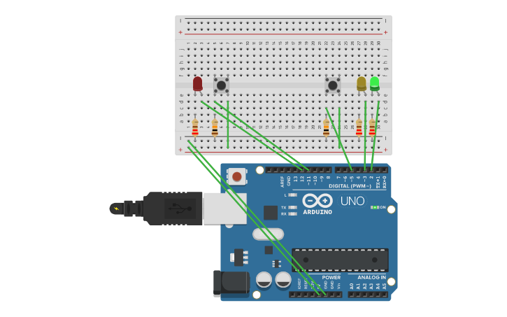 Circuit design Pulsadores y estados con transiciones múltiples con Arduino - Tinkercad
