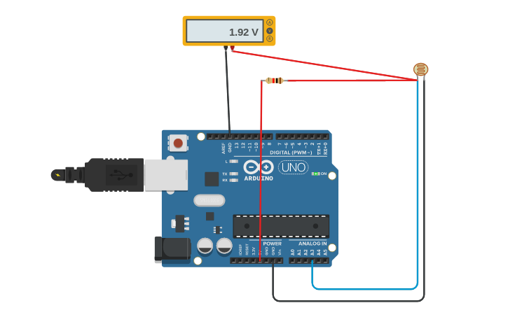 Circuit design Fotoresistore e led onboard + monitor seriale | Tinkercad
