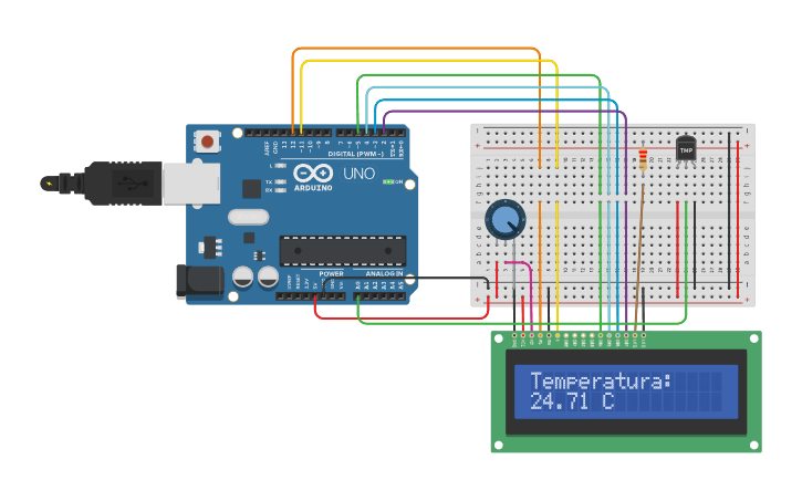Circuit design Reto 1 - Pantalla LCD y sensor de temperatura - Tinkercad