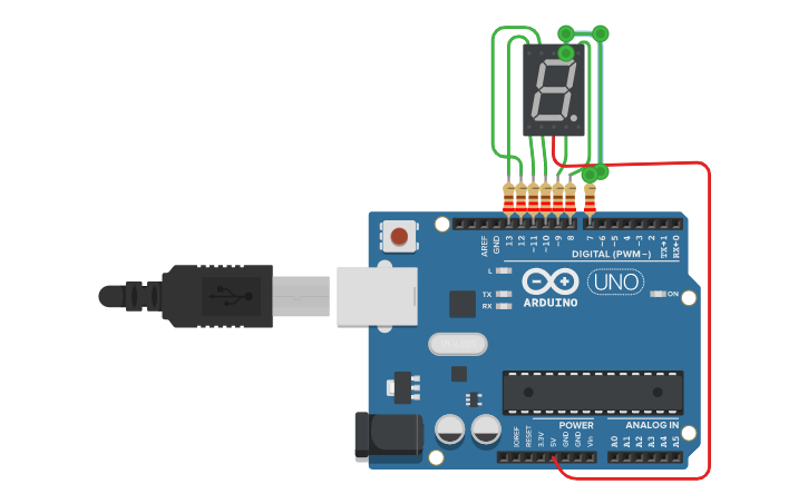 Circuit design Display 7 segmentos anodo comum - Tinkercad