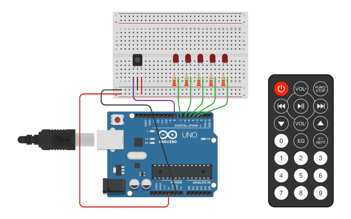 Circuit design IR Remote Toggle LEDs - Tinkercad