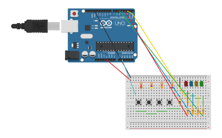 Circuit design 1 Input 4 Buttons | Tinkercad