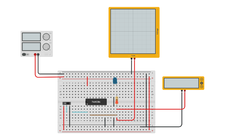 Circuit design 7404 (Not Gate) with slideswitch - Tinkercad