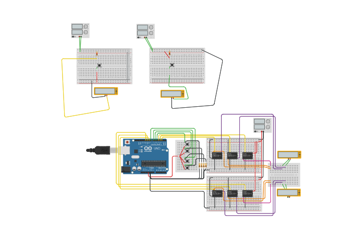 Circuit design moving linear actuators with relays buttons and arduino - Tinkercad