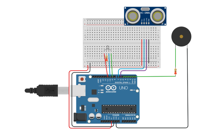 Circuit design Ultrasonic Sensor and Piezo - Tinkercad