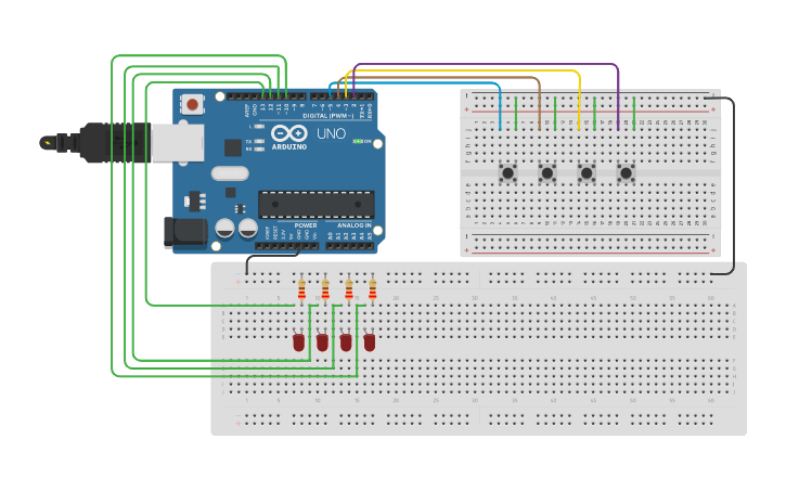 Circuit design 4 LED + 4 pulsanti - Tinkercad