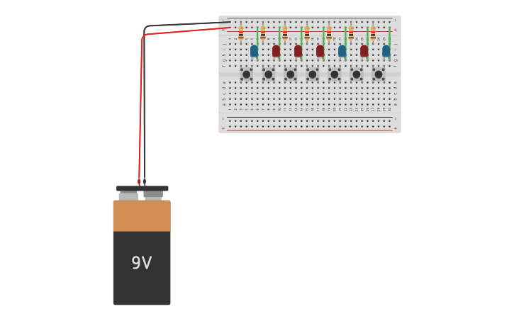 Circuit design Circuito de 7 leds, 7 resistencias, 7 pulsadores - Tinkercad