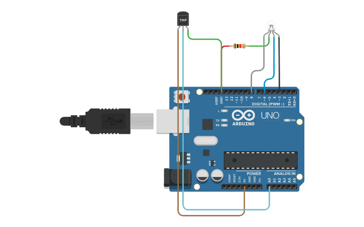 Circuit design ARDUINO TEMPERATURE SENSOR AND LED RGB | Tinkercad