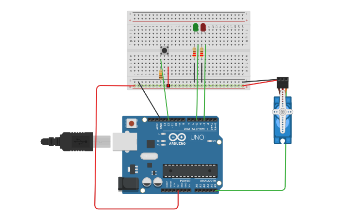 Circuit design Servo+2led+pulsador - Tinkercad Circuit design Servo+2led+pulsador - Tinkercad