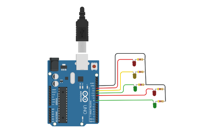 Circuit design Semáforo para carro e pedestre | Tinkercad