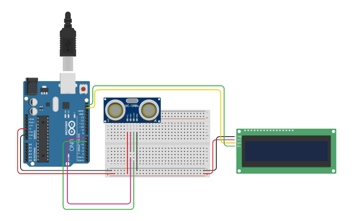 Circuit design Proyecto LCD HC-SR04 | Tinkercad