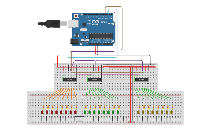 Circuit design 24 LEDS CONTROLADOS POR TRES 74HC595 | Tinkercad