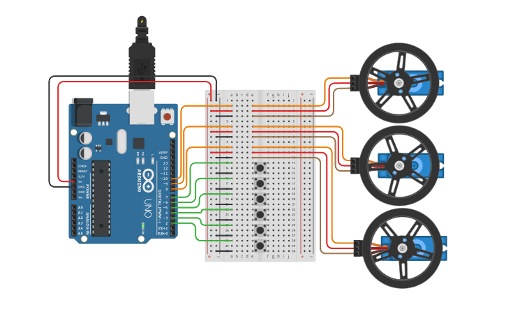 Circuit design Continuous Servo Control with Buttons - Tinkercad