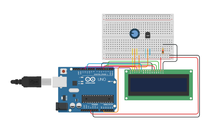Circuit design TEMPERATURE SENSOR WITH LCD - Tinkercad