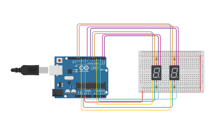 Circuit design Display 7 segmentos 0-99 - Tinkercad