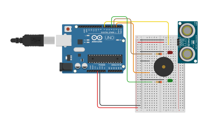 Circuit design Distance sensor with buzzer and led - Tinkercad
