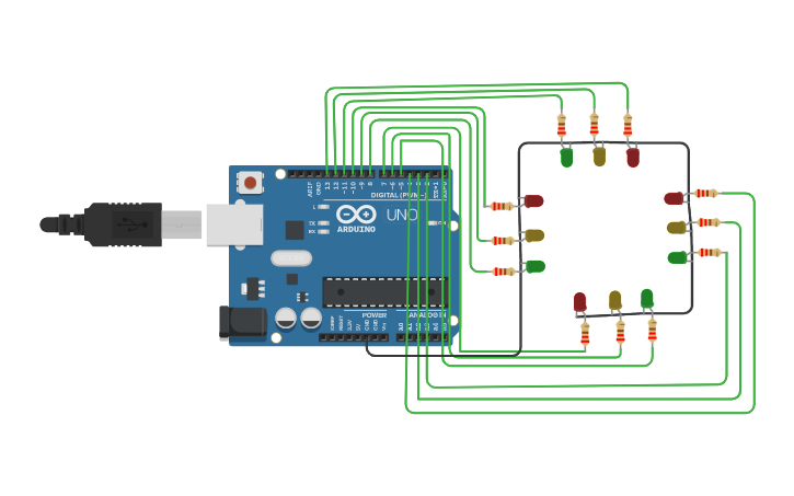 Circuit design 4 way traffic signal - Tinkercad