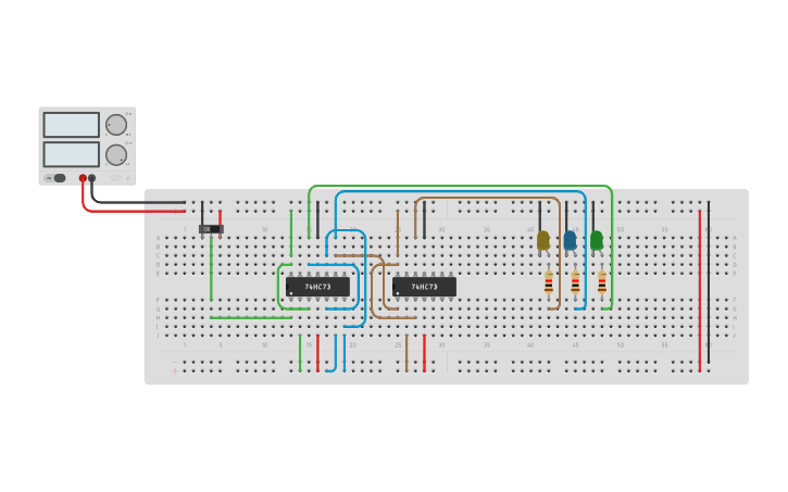 Circuit design 3-BIT ASYNCHRONOUS UP COUNTER - Tinkercad