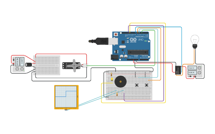 Circuit Design Relé Lâmpada Botão Led Buzzer Servo Motor Mg996r Tinkercad