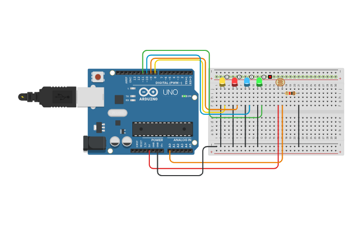 Circuit design LDR Multiple LEDs - Tinkercad
