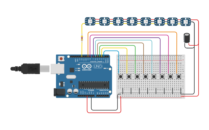 Circuit design Controle 8 LED 8 boutons LED Neo - Tinkercad