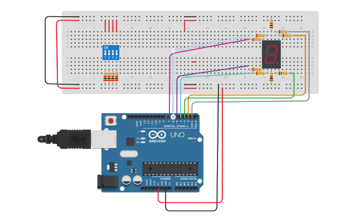Circuit design Display de 7 segmentos | Tinkercad
