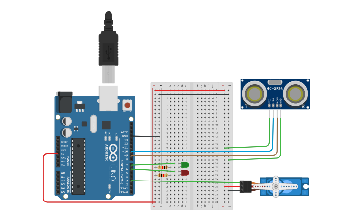 Circuit design Activity 1 - Ultrasonic Boom Gate with LEDS | Tinkercad